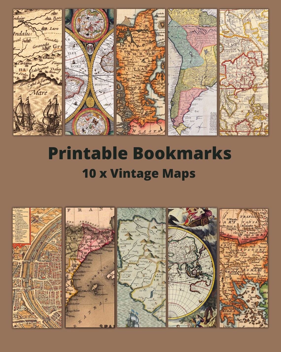 Printable 10 X Vintage Maps Bookmarks, Instant Download PDF - Etsy