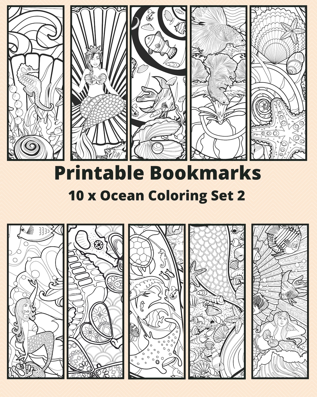 Printable 10 X Ocean Coloring Themed Bookmarks Set 2, Mermaids and ...
