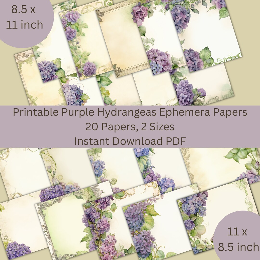 Printable Purple Hydrangeas Paper Pack, 20 Scrapbook Junk Journal ...