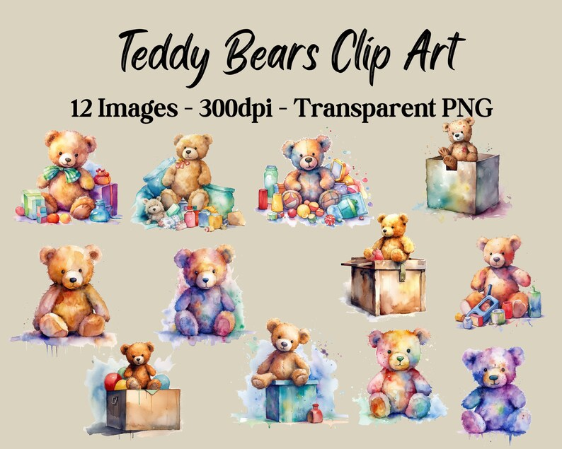Watercolor Teddy Bears Clip Art, 12 Png Images, 300 Dpi - Etsy