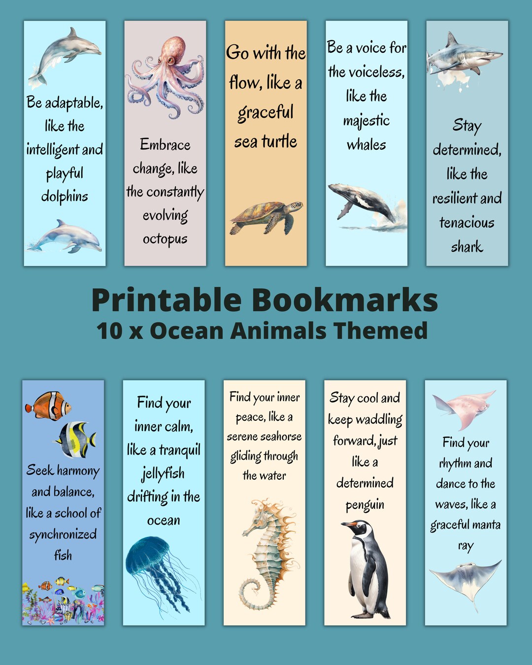 Printable 10 X Ocean Animals Bookmarks, Instant Download PDF - Etsy