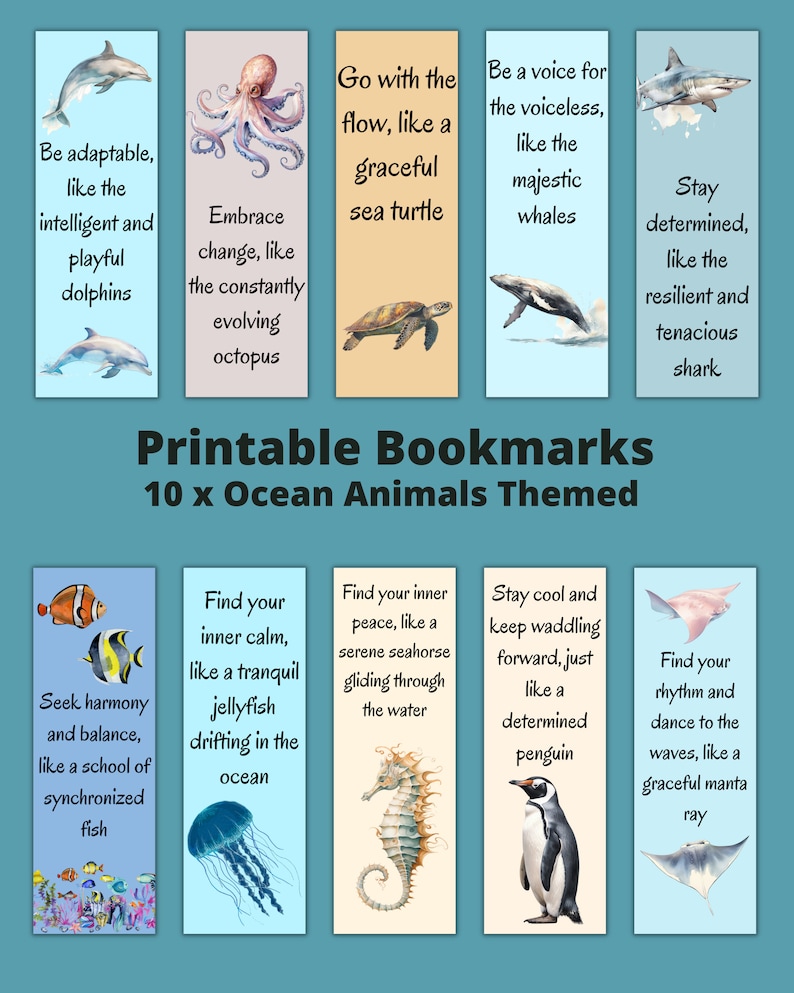 Printable 10 X Ocean Animals Bookmarks, Instant Download PDF - Etsy