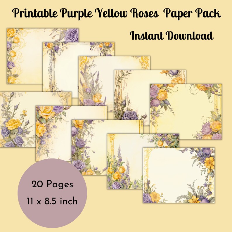 Printable Purple Yellow Roses Paper Pack, 20 Scrapbook Junk Journal ...