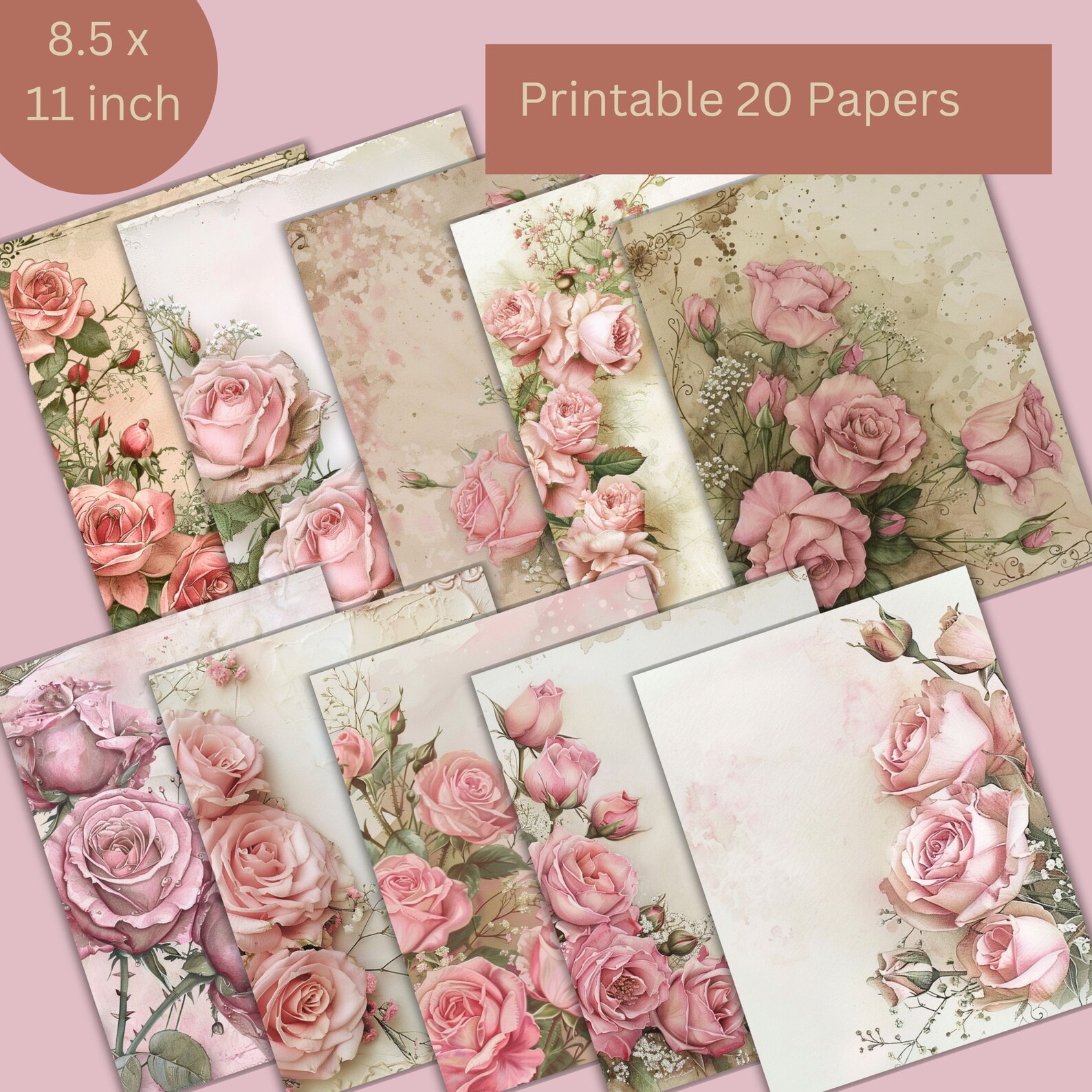 Printable Pink Roses Paper Pack, 20 Scrapbook Junk Journal Background ...