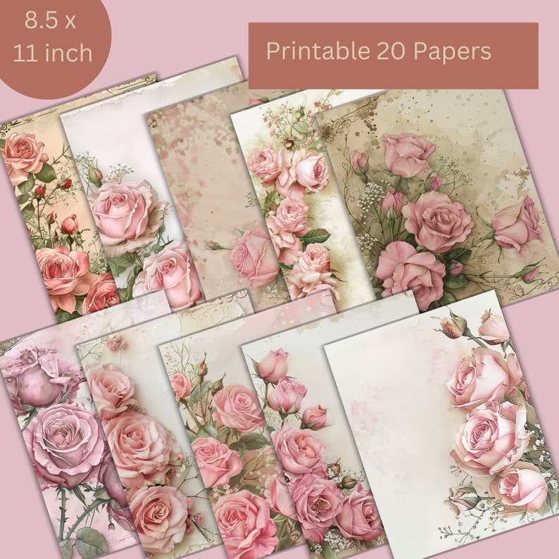 Printable Pink Roses Paper Pack, 20 Scrapbook Junk Journal Background ...