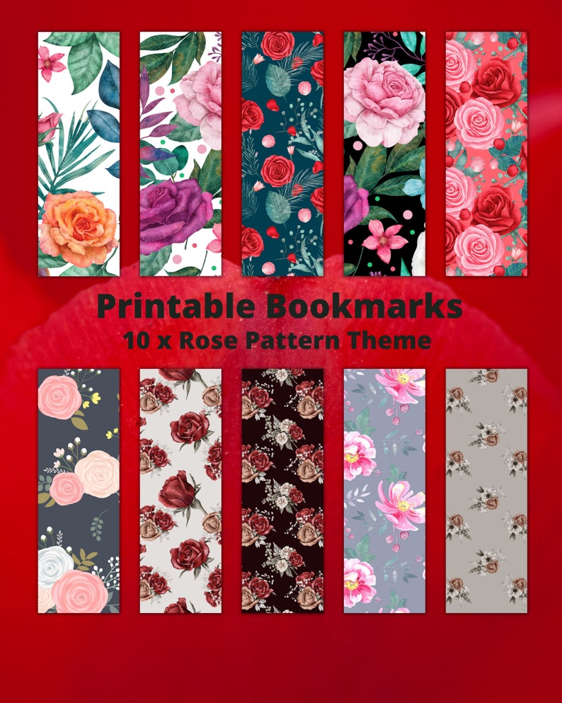 Printable 10 X Rose Pattern Theme Bookmarks, Instant Download PDF/PNG ...