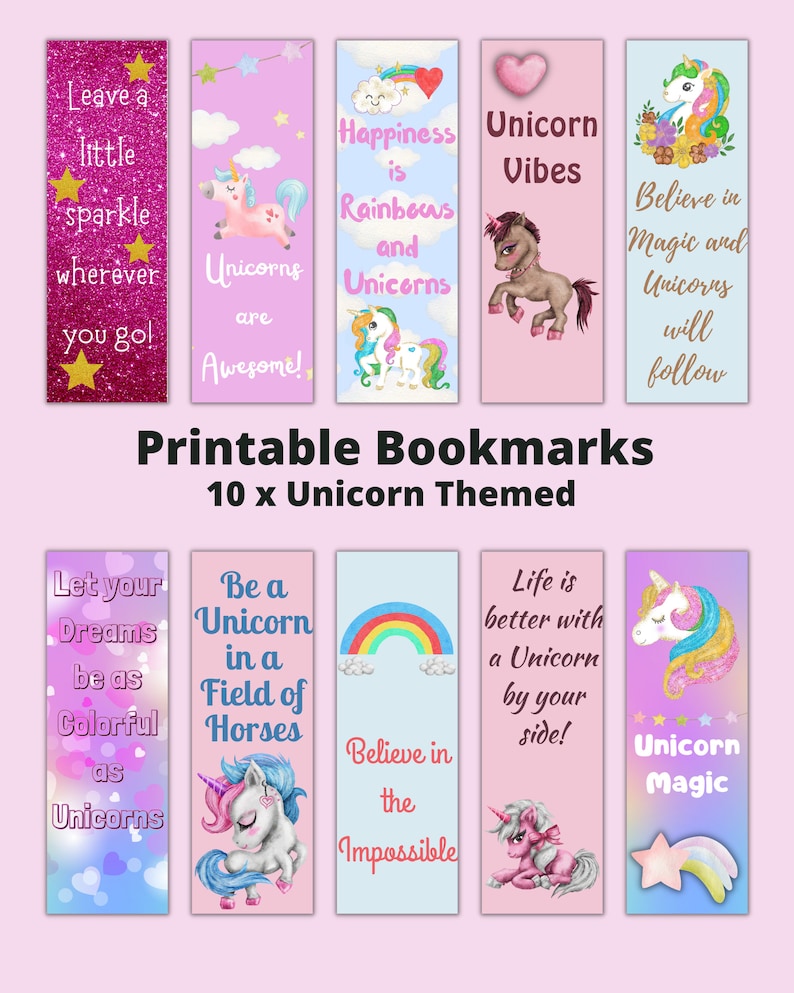 Printable 10 X Unicorn Themed Bookmarks, Instant Download PDF - Etsy
