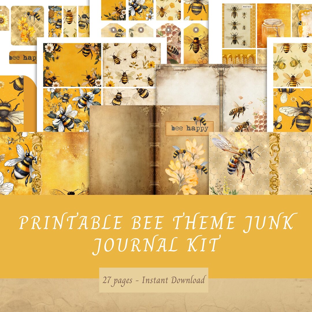 Printable Bee Theme Junk Journal Kit, 27 Pages, Papers, Ephemera ...