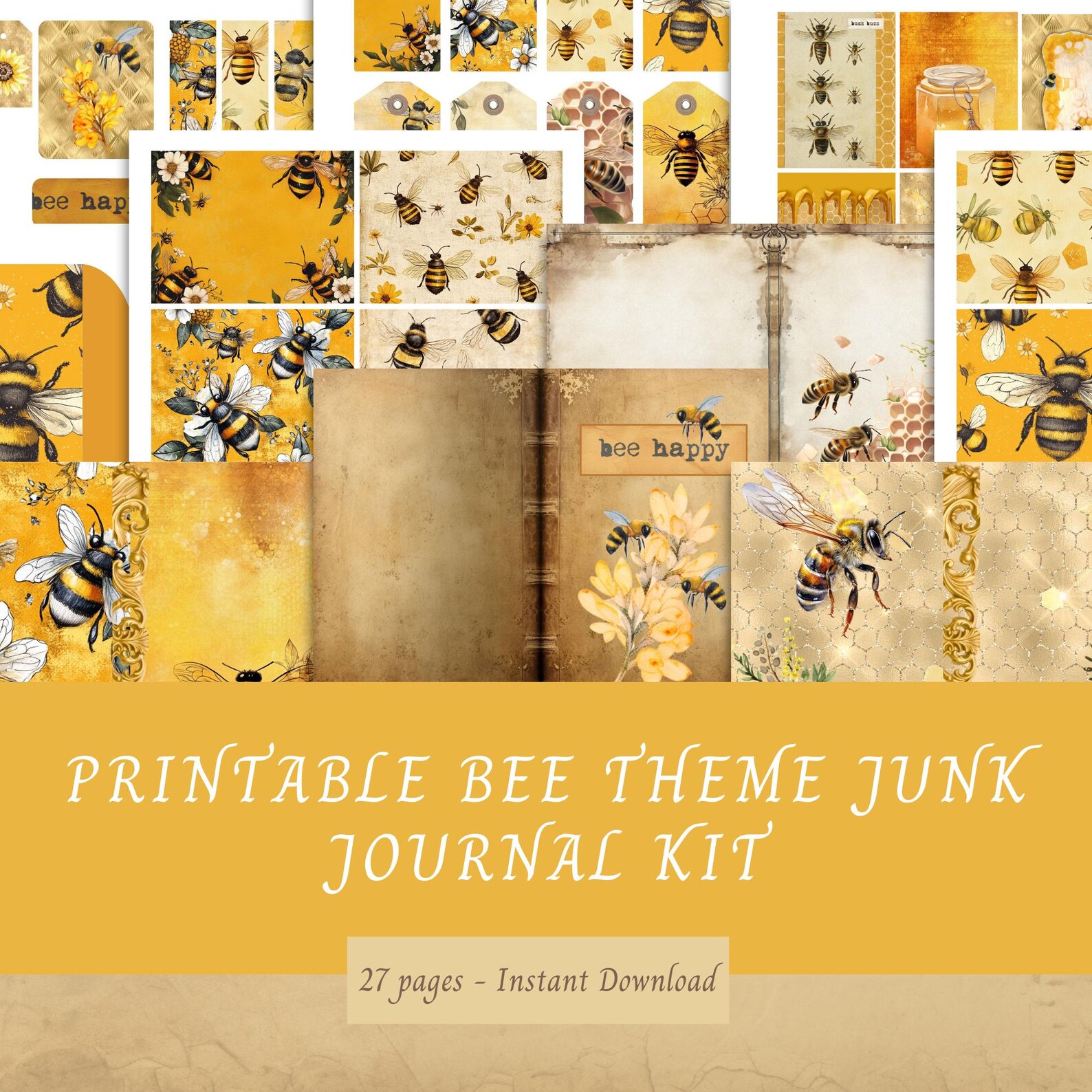 Printable Bee Theme Junk Journal Kit, 27 Pages, Papers, Ephemera ...