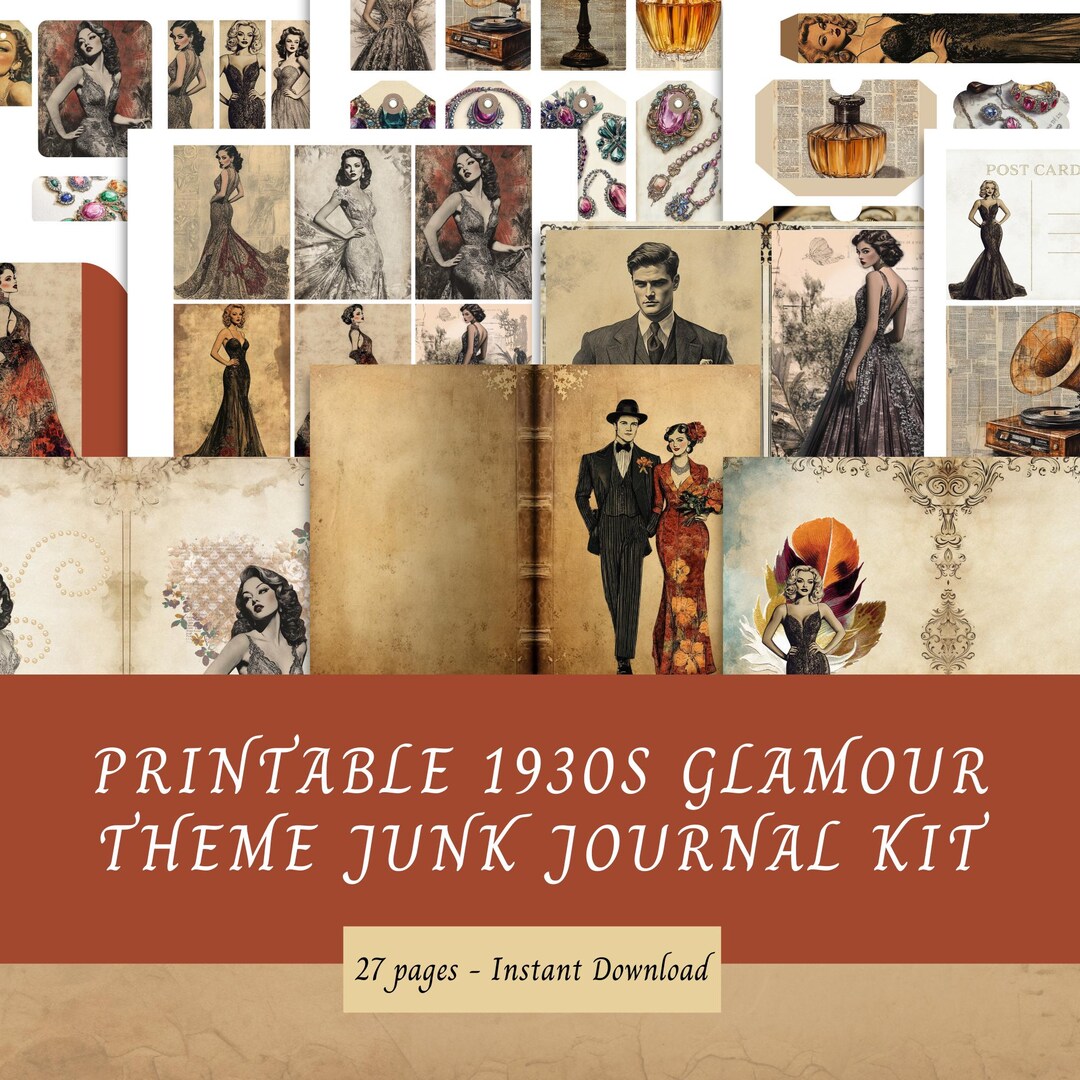 Printable 1930s Glamour Junk Journal Kit, 27 Pages, Book Cover, Papers ...