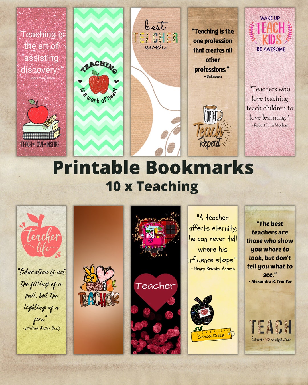 Printable 10 X Teaching Bookmarks, Teachers Gift, Instant Download PDF ...