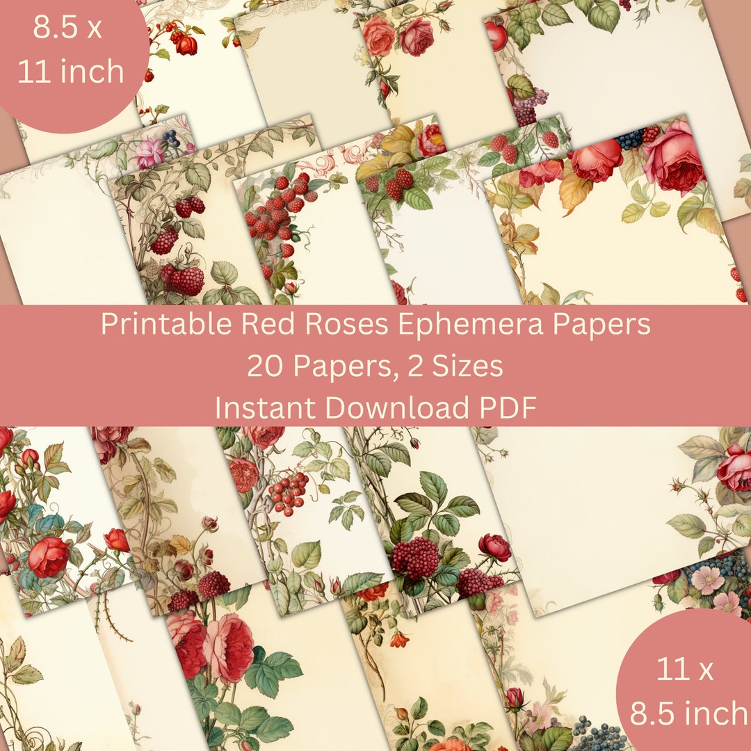Printable Red Roses Paper Pack, 20 Scrapbook Junk Journal Background ...