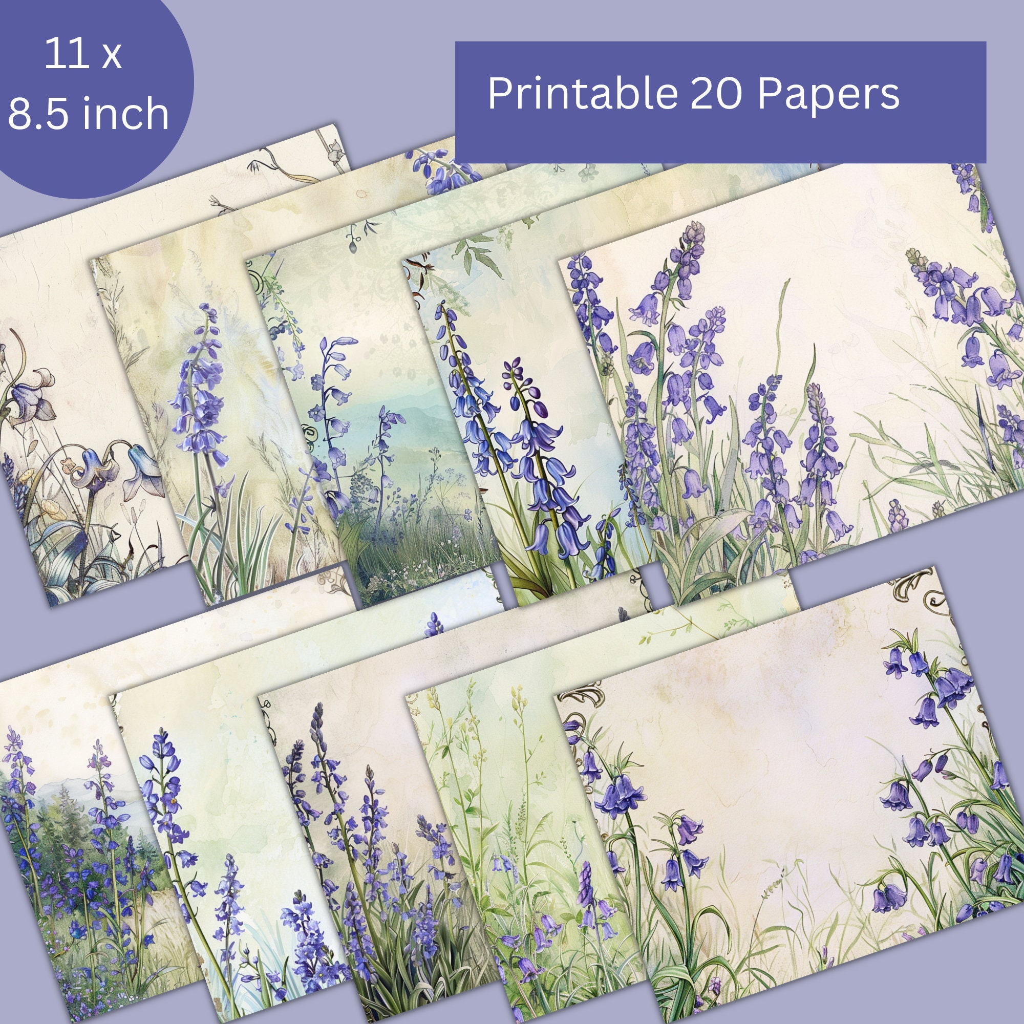 Printable Bluebells Paper Pack, 20 Scrapbook Junk Journal Background ...