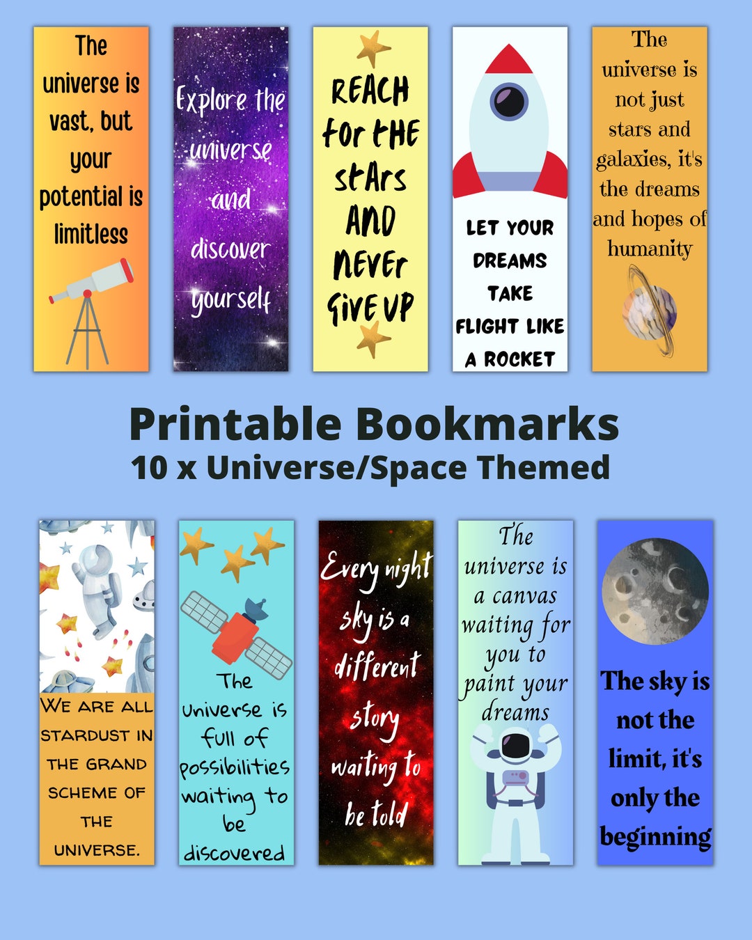 Printable 10 X Universe/space Themed Bookmarks, Instant Download PDF - Etsy