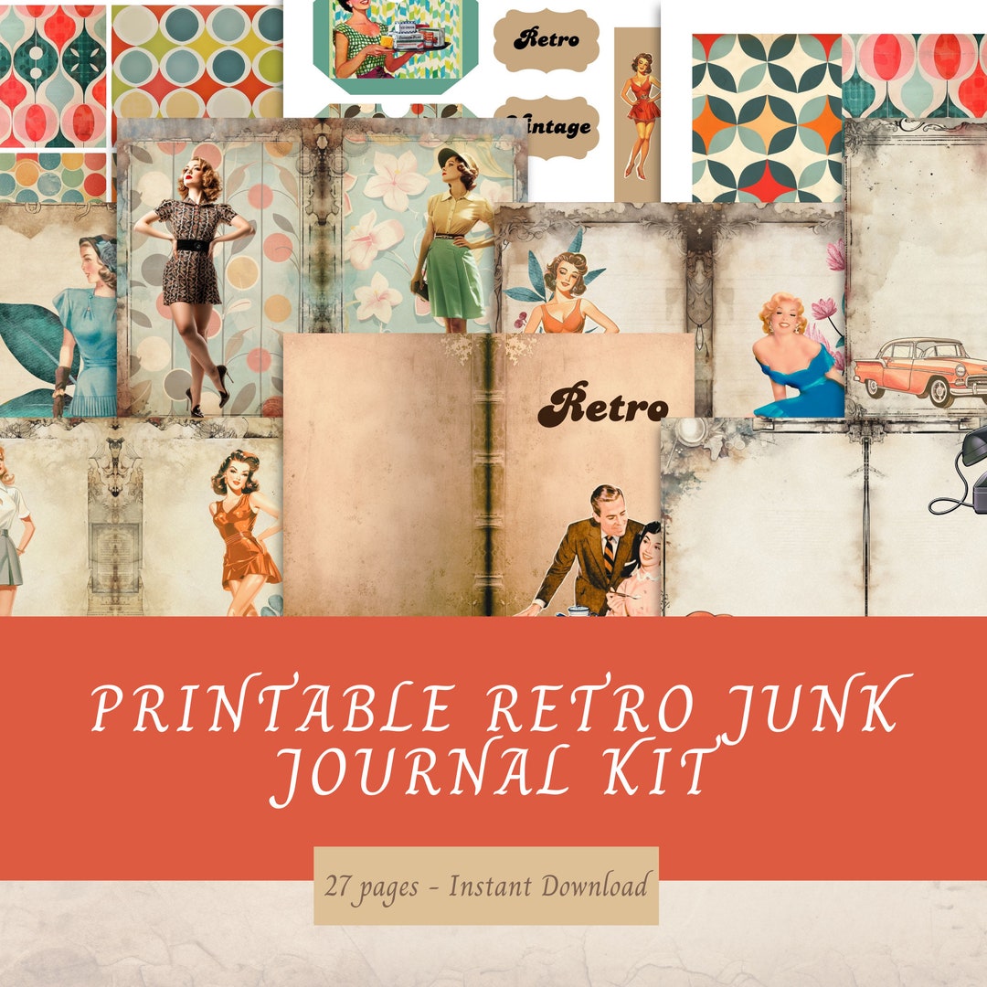 Printable Retro Junk Journal Kit, 27 Pages, Book Cover, Papers ...