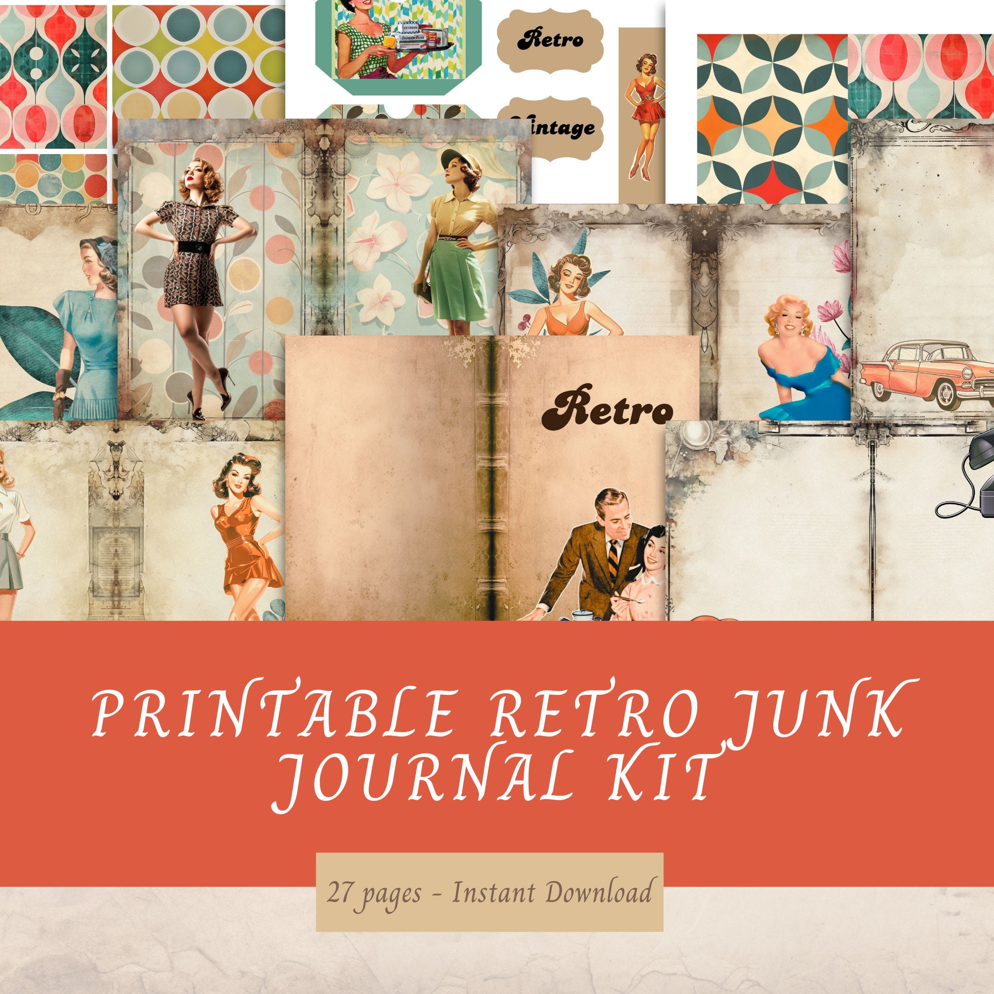 Printable Retro Junk Journal Kit, 27 Pages, Book Cover, Papers ...
