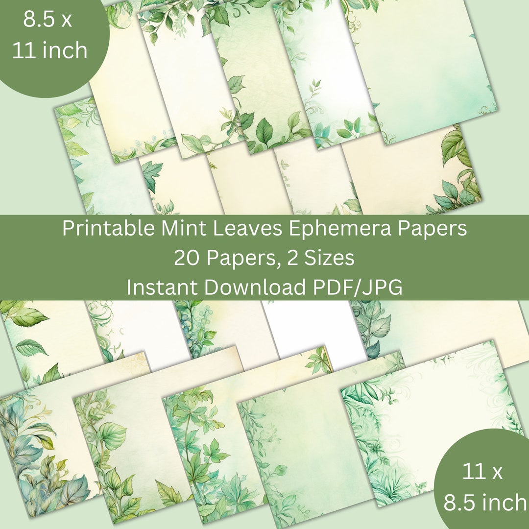 Printable Mint Leaves Paper Pack, 20 Scrapbook Junk Journal Background ...