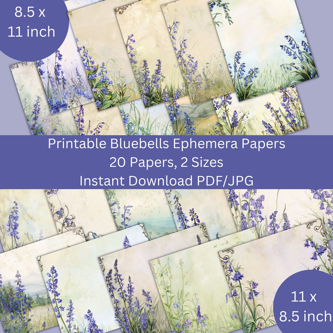 Printable Bluebells Paper Pack, 20 Scrapbook Junk Journal Background ...