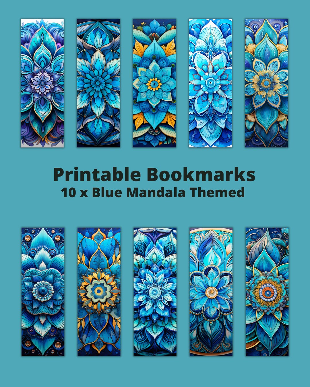 Printable 10 X Blue Themed Mandala Bookmarks, Instant Download PDF - Etsy