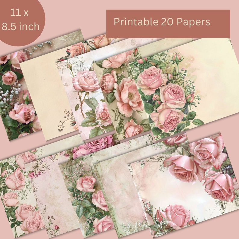 Printable Pink Roses Paper Pack, 20 Scrapbook Junk Journal Background ...