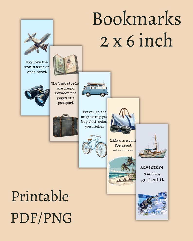 Printable 10 X Travel Themed Bookmarks, Junk Journal Ephemera, Instant ...