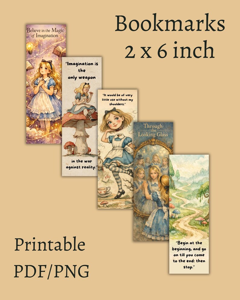 Printable 10 X "alice in Wonderland" Theme Bookmarks, Instant Download ...
