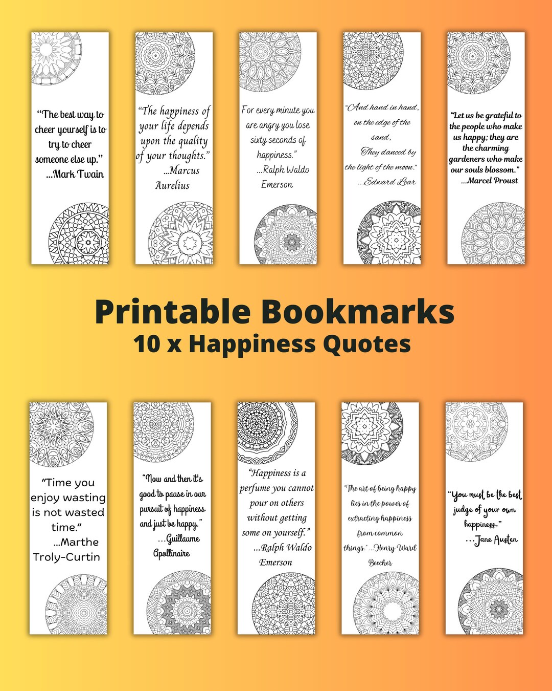 Printable 10 X Happiness Quotes Coloring Bookmarks, Instant Download ...