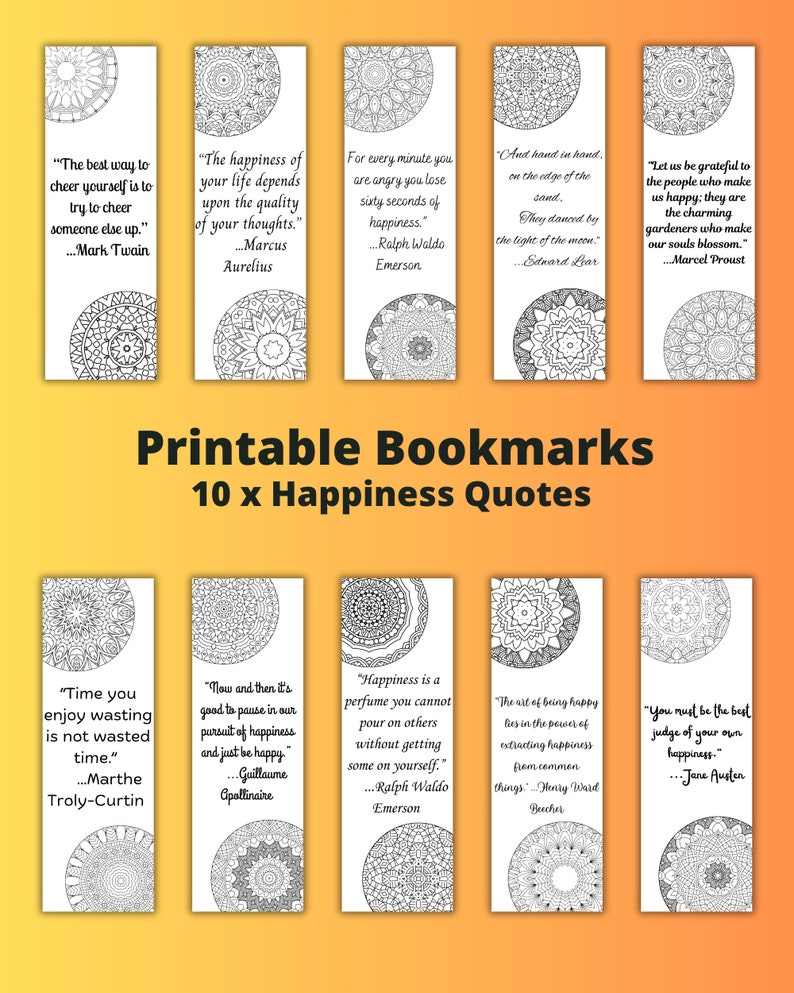 Printable 10 X Happiness Quotes Coloring Bookmarks, Instant Download ...