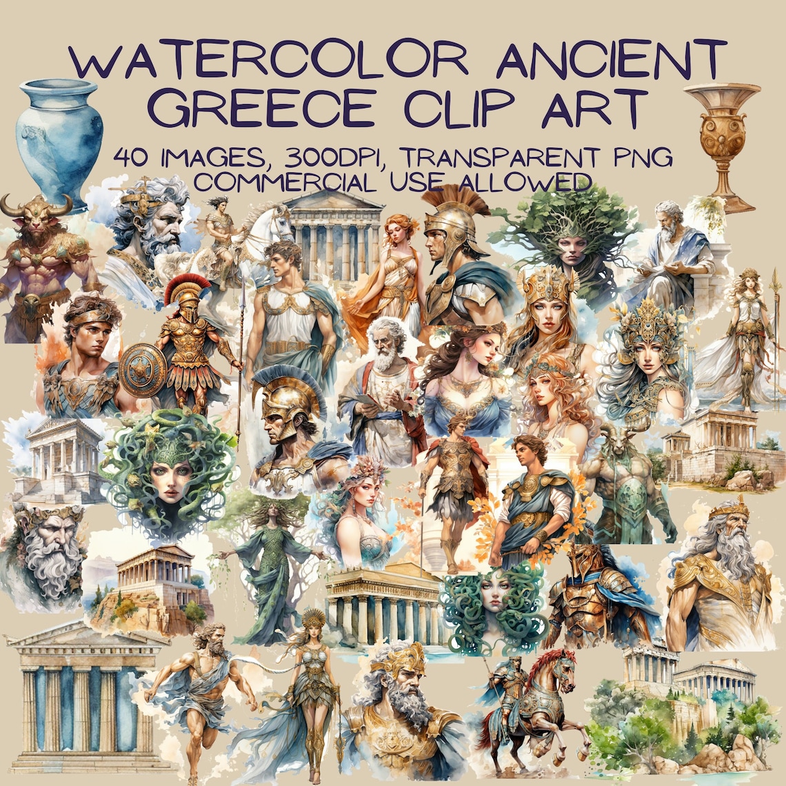 Watercolor Ancient Greece Clip Art, 40 Transparent Png Images, 300 Dpi ...