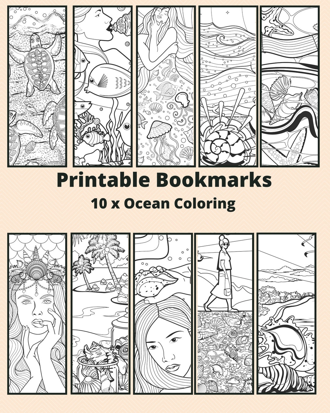 Printable 10 X Ocean Coloring Themed Bookmarks, Mermaids and Shells ...