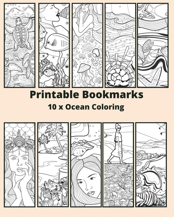 Printable 10 X Ocean Coloring Themed Bookmarks Mermaids and - Etsy