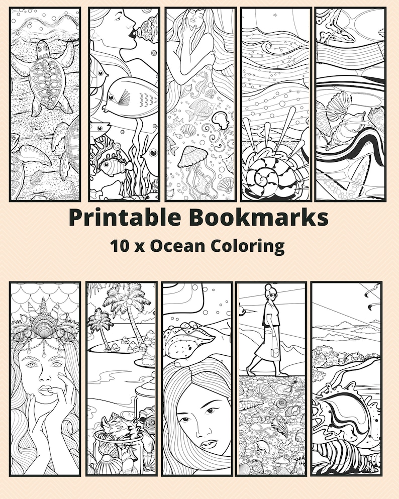 Printable 10 X Ocean Coloring Themed Bookmarks, Mermaids and Shells ...