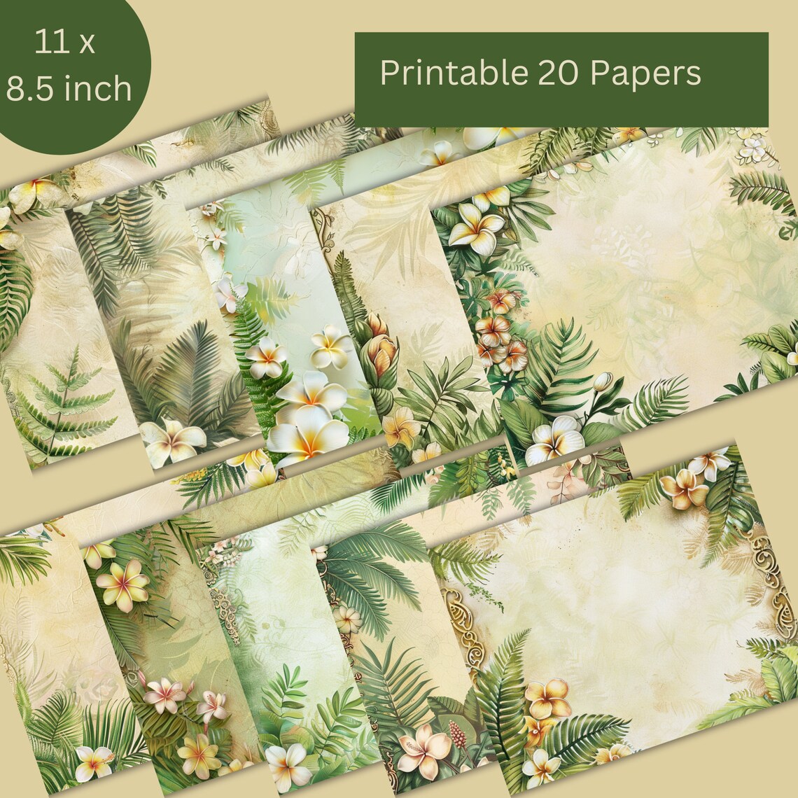 Printable Frangipani Paper Pack, 20 Scrapbook Junk Journal Background ...