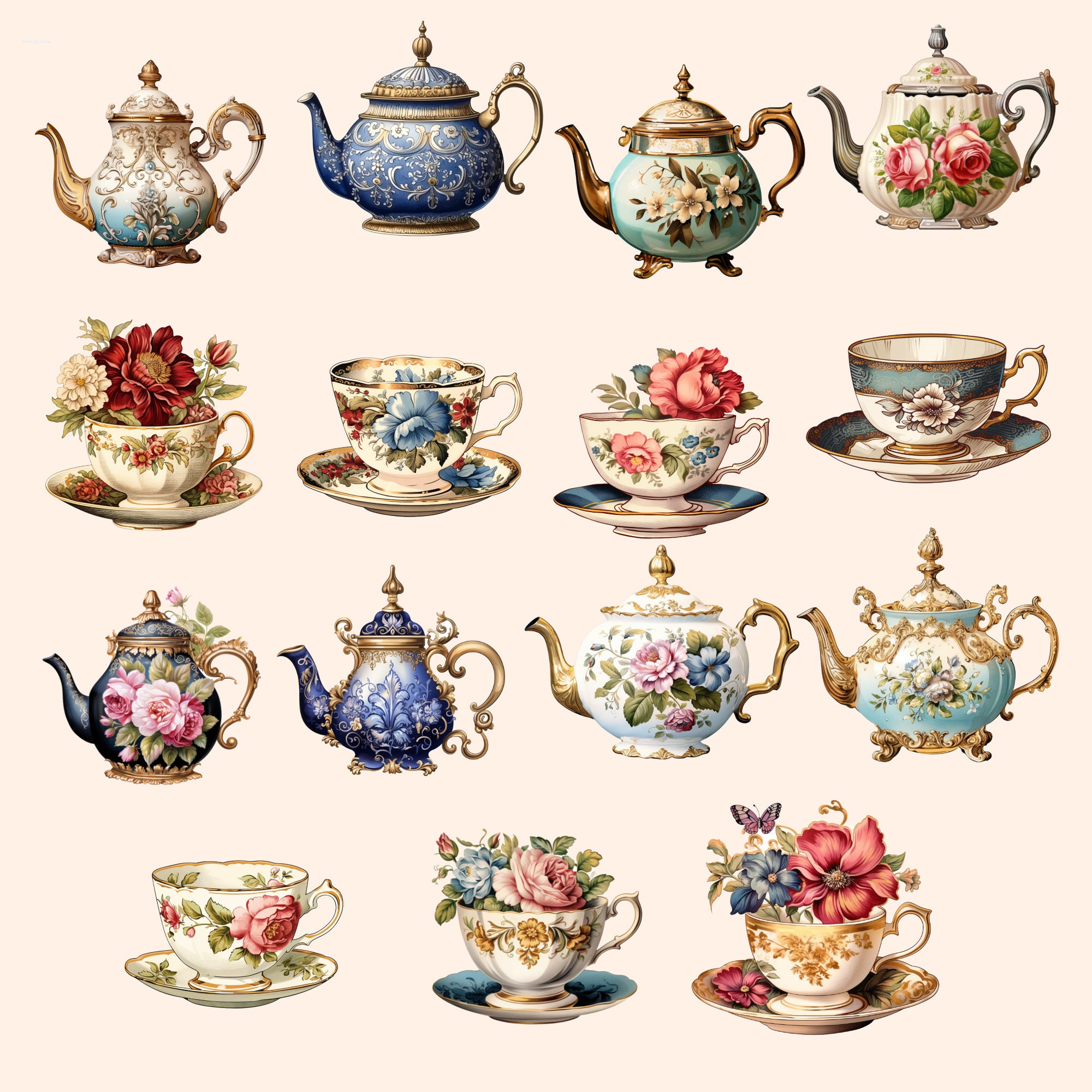 Vintage Tea Set Clip Art 15 Transparent Png Images 300 Dpi - Etsy