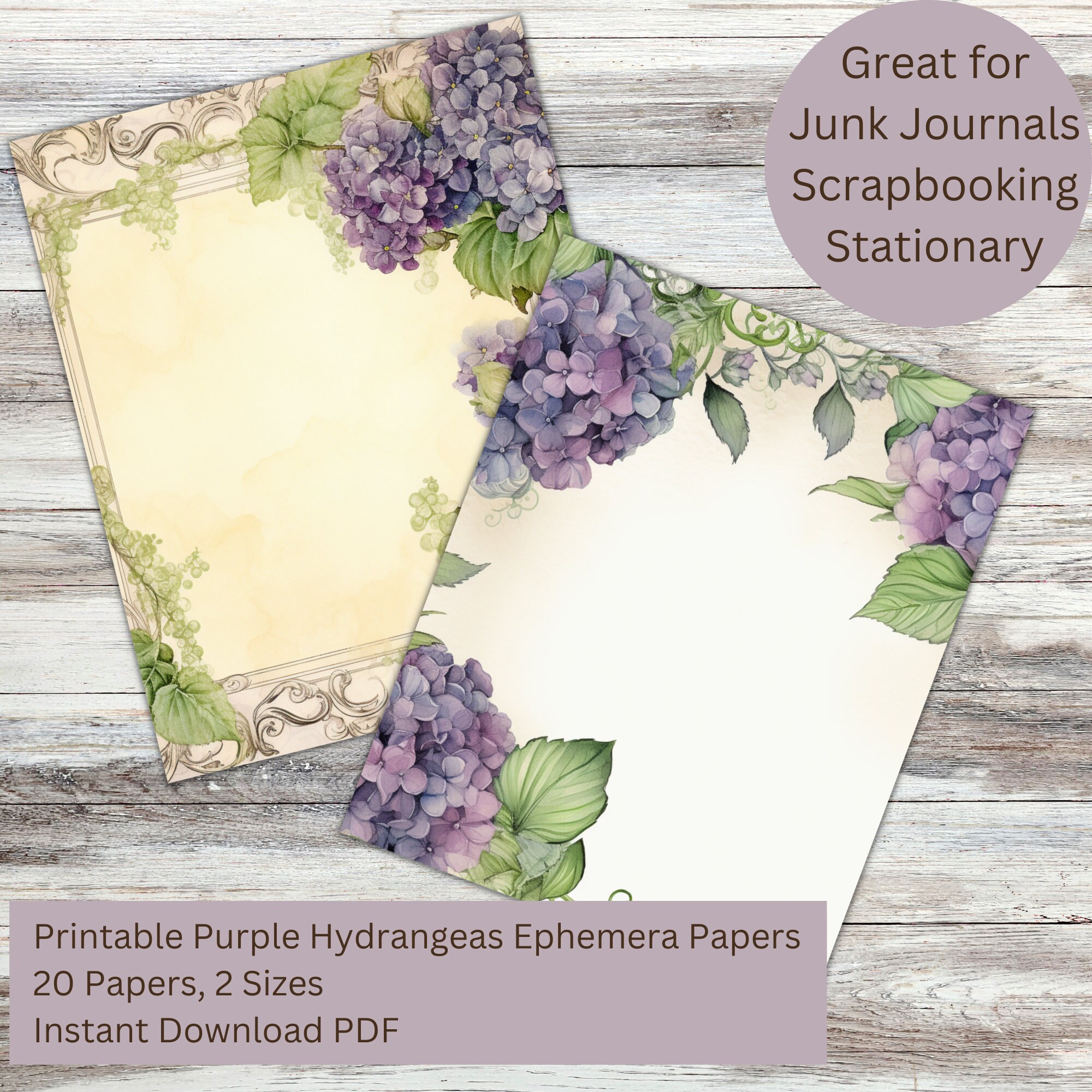 Printable Purple Hydrangeas Paper Pack, 20 Scrapbook Junk Journal ...