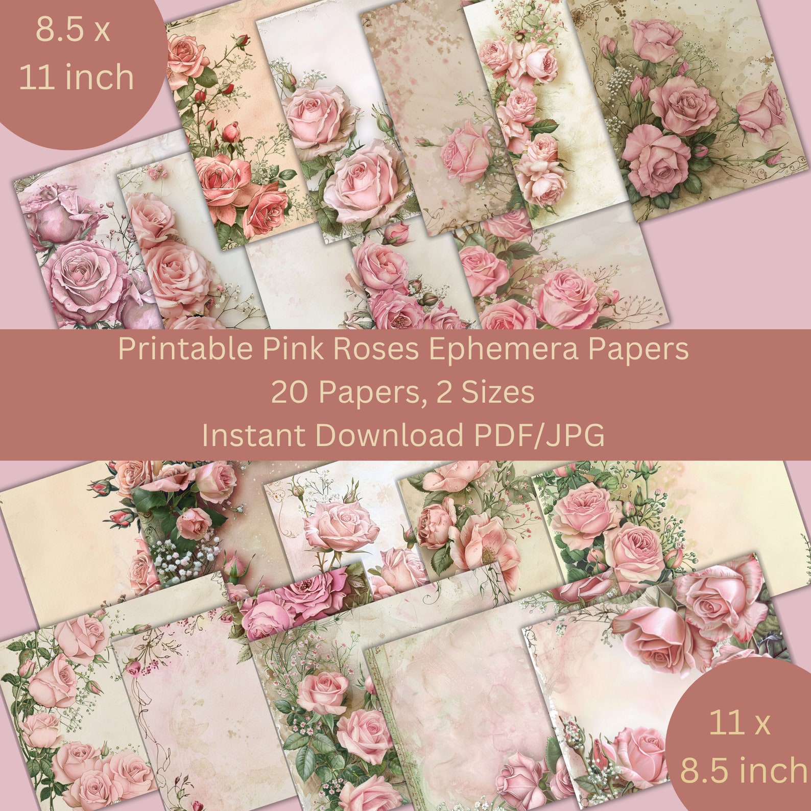 Printable Pink Roses Paper Pack, 20 Scrapbook Junk Journal Background ...