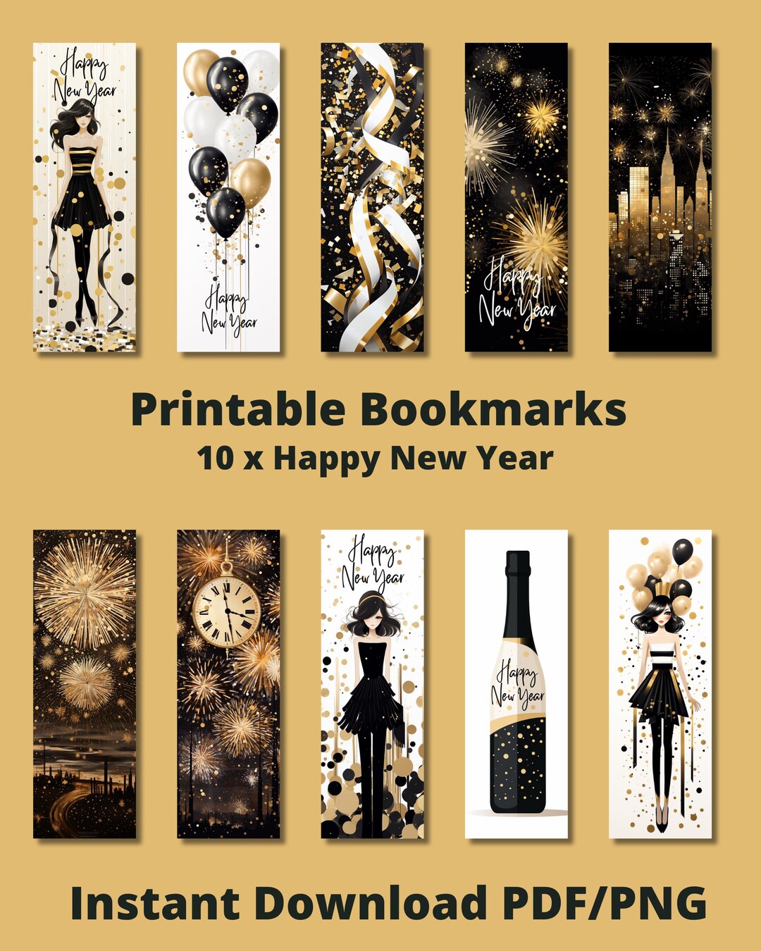 Printable 10 X Happy New Year Bookmarks, Instant Download PDF/PNG - Etsy