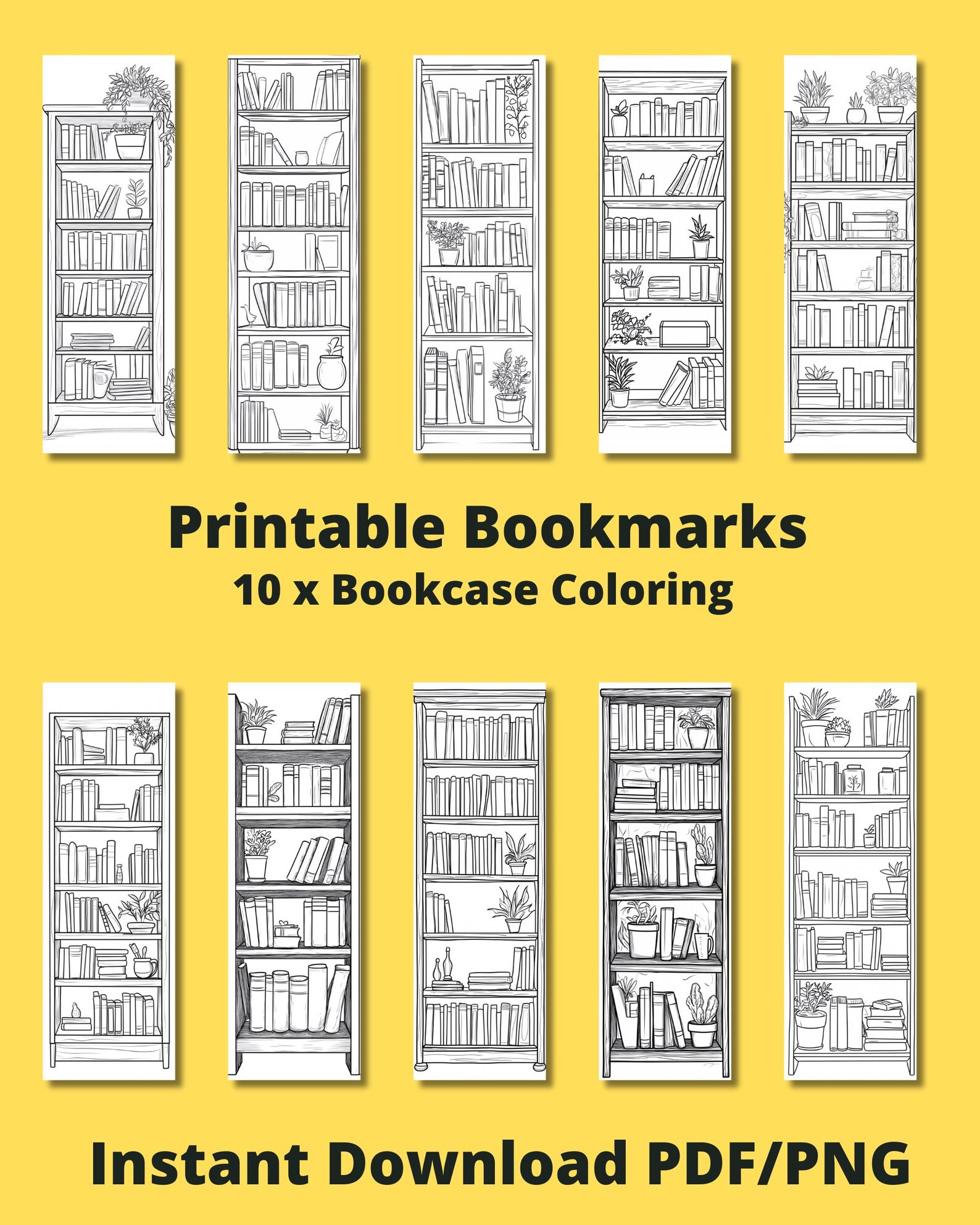Printable 10 X Bookcase Coloring Bookmarks, Instant Download PDF/PNG - Etsy