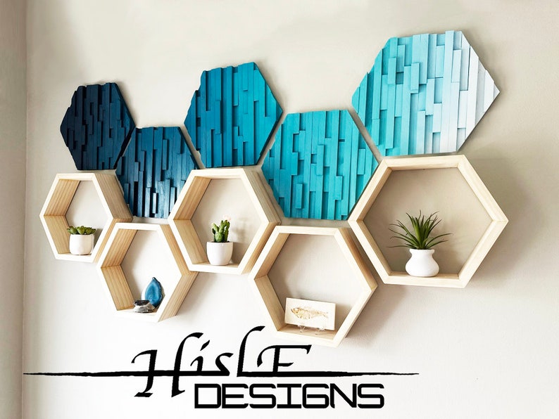 Hexagon Blue to White Gradient 14 Hexagon Wall Art Dimensional Wood Art ...