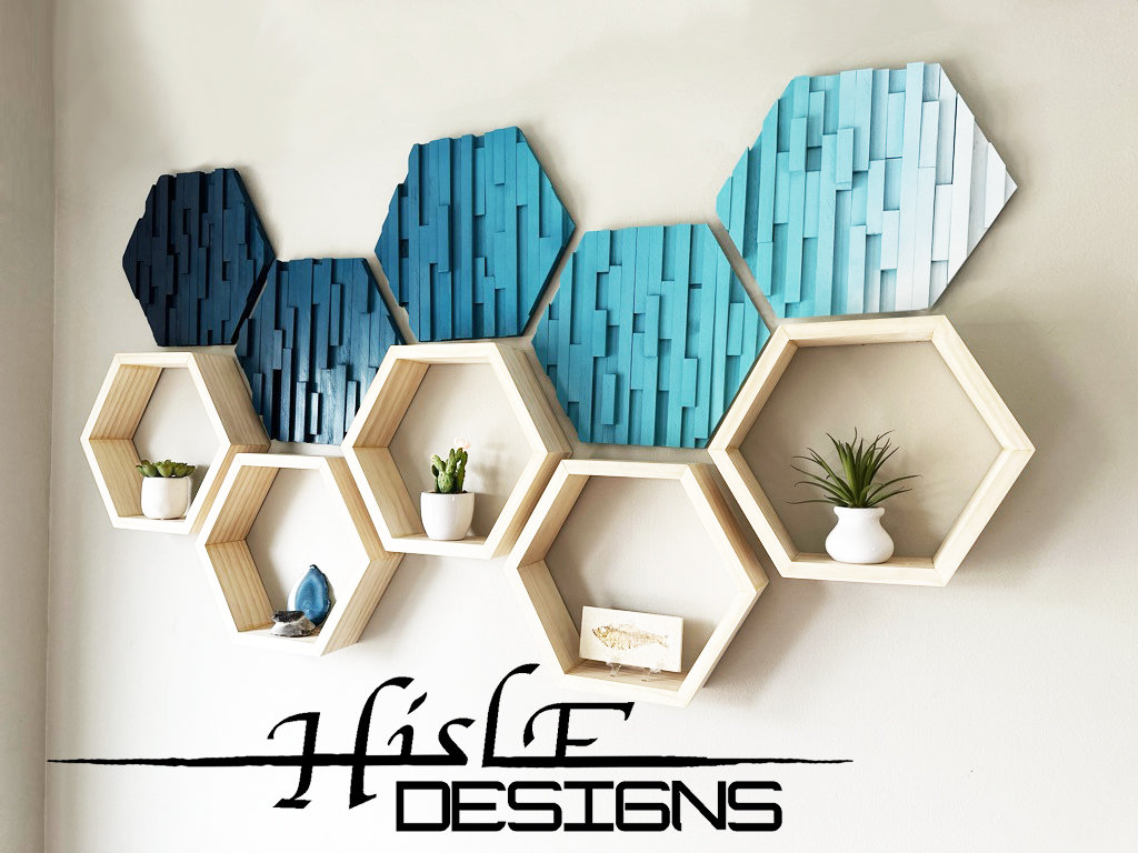 Hexagon Blue to White Gradient 14 Hexagon Wall Art Dimensional Wood Art ...