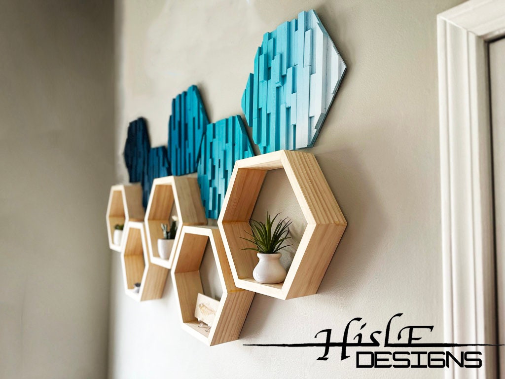 Hexagon Blue to White Gradient 14 Hexagon Wall Art Dimensional Wood Art ...