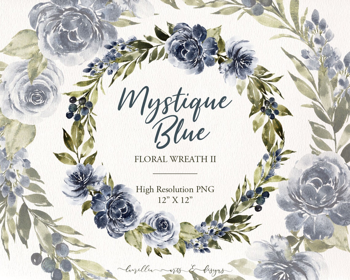 Blue Watercolor Floral Wreath Clip Art Blue Peonies and Roses Digital ...