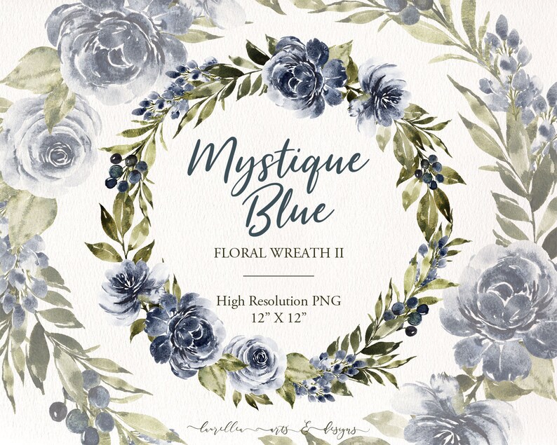 Blue Watercolor Floral Wreath Clip Art Blue Peonies and Roses Digital ...