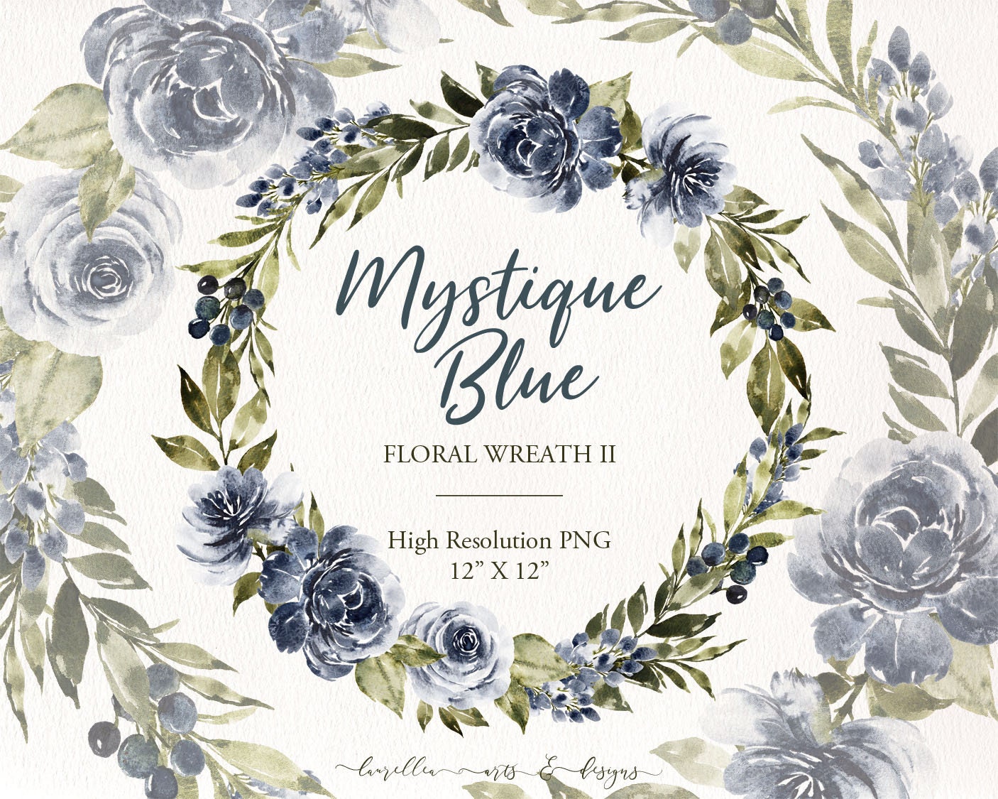 Blue Watercolor Floral Wreath Clip Art Blue Peonies and Roses Digital ...