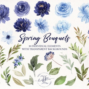 Spring Watercolor Floral Elements & Arrangements Clipart, Blue Digital ...