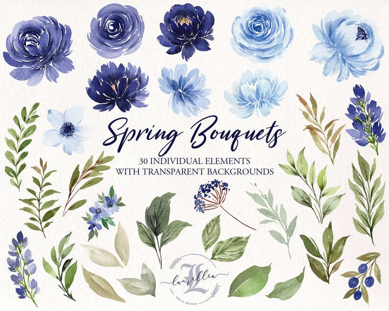 Spring Watercolor Floral Elements & Arrangements Clipart, Blue Digital ...