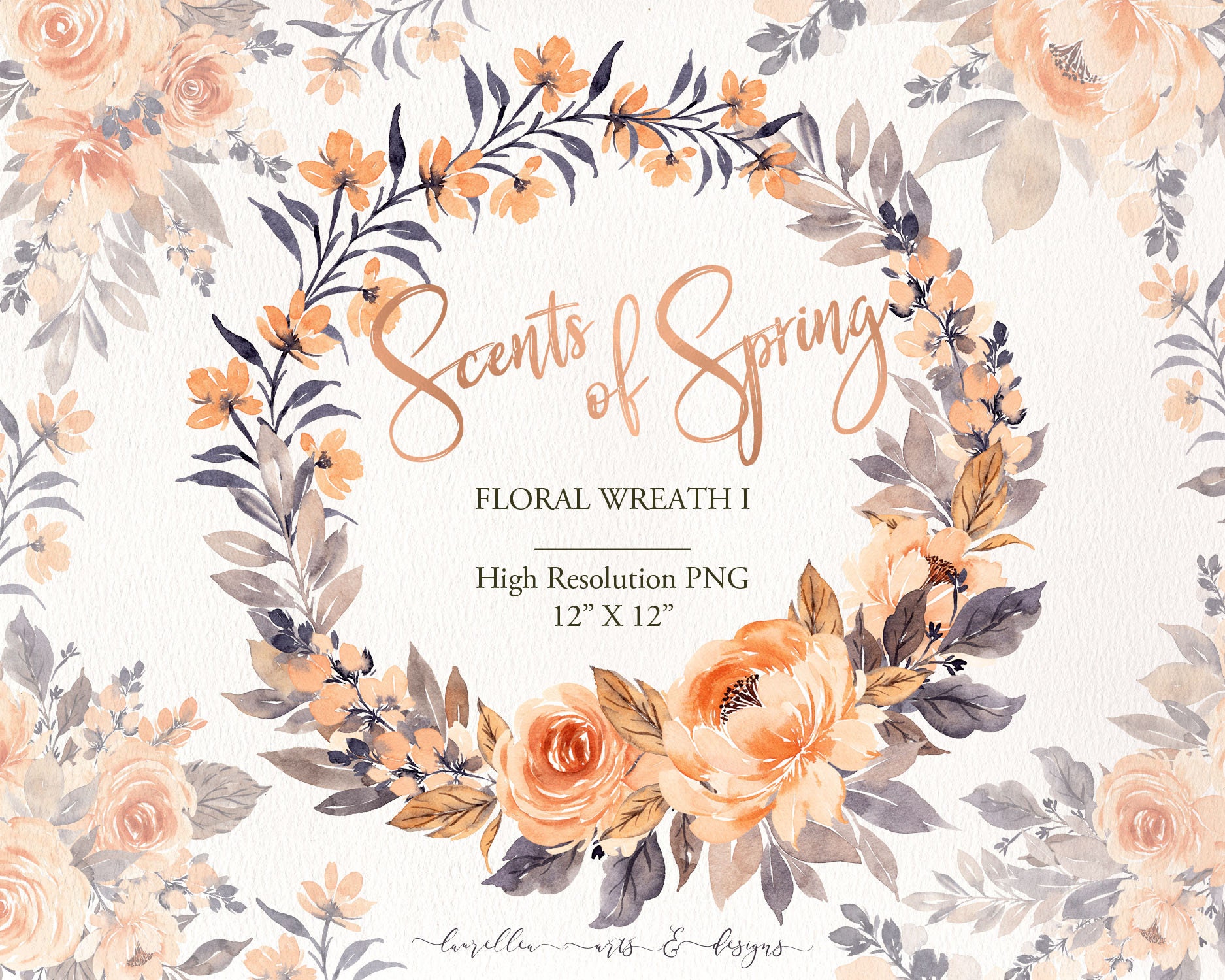 Peach Watercolor Floral Wreath Clipart, Spring Wedding Floral Wreath ...