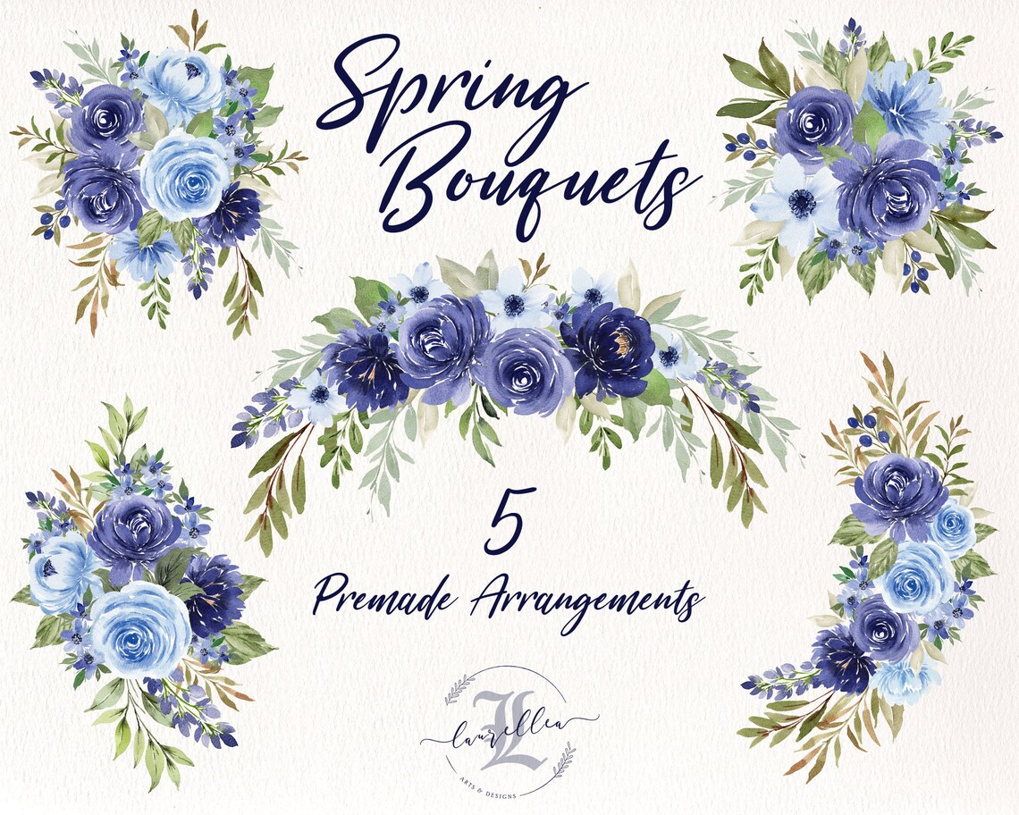Spring Watercolor Floral Elements & Arrangements Clipart, Blue Digital ...