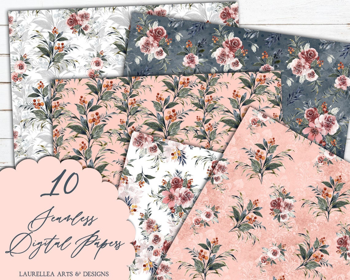 Seamless Digital Paper Pack, Dusty Blue & Pink, Vintage Spring Floral ...
