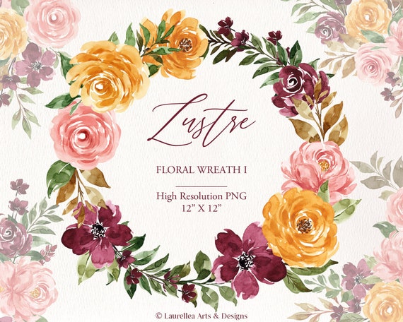 Watercolor Floral Clipart Spring Flower Wreath Golden | Etsy